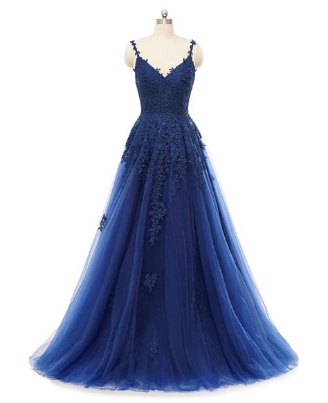 Gorgeous Navy Blue Flowy Long Tulle Prom Dress With Lace Appliques