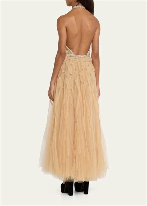 Reem Acra Beaded Crystal Halter Neck Tulle Gown Bergdorf Goodman