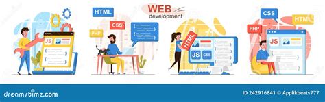 Web Development Concept Scenes Set Developers Code In Different