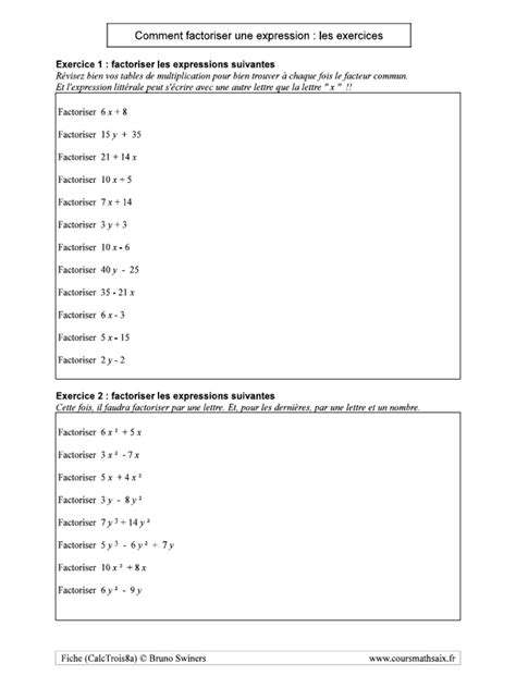 Les Exercices Comment Factoriser Expression Pdf