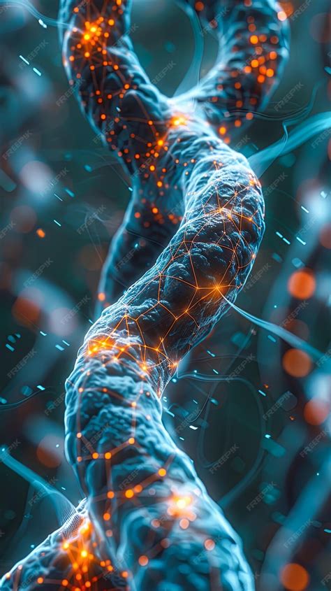 Abstract Blue Dna Strand With Orange Glowing Nodes And Digital Network