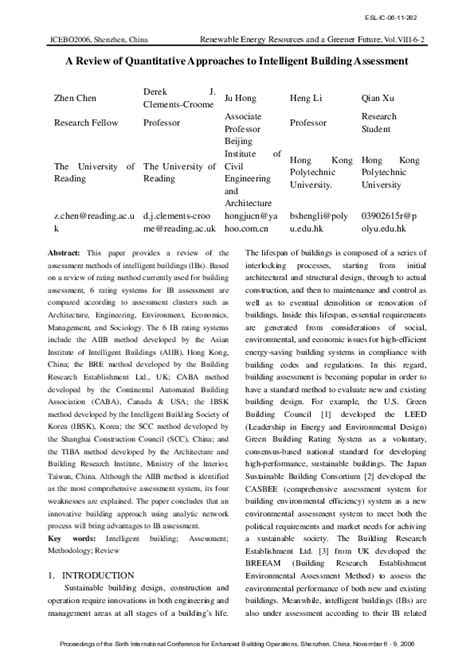 Pdf A Review Of Quantitative Approaches To Intelligent Building