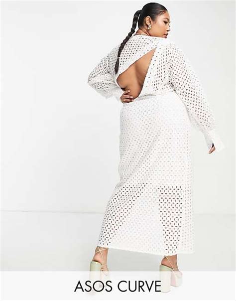 Asos Edition Curve Wrap Front Broderie Midi Dress With Blouson Sleeve