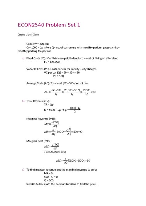 ECON Problem Set Porblem Set Answers ECON Problem Set Questi On One Capacity