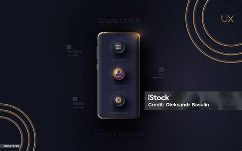 모바일 Ui Ux Korbon 및 골드 개념 검은 색 배경에 블록과 아이콘으로 구성된 모바일 앱 인터페이스와 휴대 전화 사용자 환경 사용자 인터페이스 벡터 일러스트3d