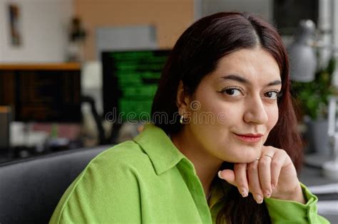 Portrait Of Software Developer In Green Shirt Stock Image Image Of Office Happy