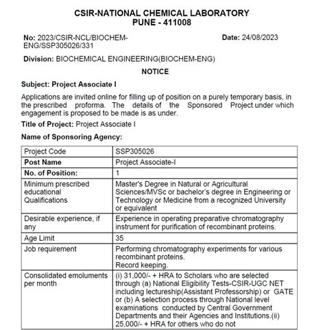 Project Associate I Csir Ncl Pune Jaivikshastram Jaivikshastram