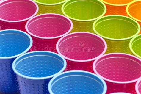 Multicolor Plastic Glasses Isolated On White Background Top View Stock