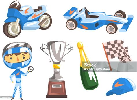 장비 세트 우승자 컵 레이싱 플래그 트로피 컵 스포츠 자동차와 오토바이 샴페인 벡터 일러스트 레이 션의 병 전문 레이스 드라이버 교통수단에 대한 스톡 벡터 아트 및 기타