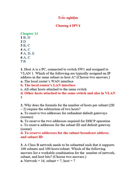 Trắc Nghiệm Ccna Chương 4 Ipv4 Pdf Ip Address Network Protocols