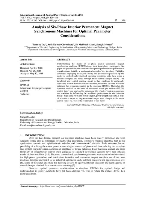 Pdf Analysis Of Six Phase Interior Permanent Magnet Synchronous Machines For Optimal Parameter