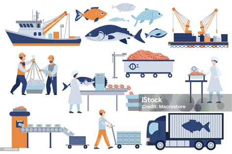 물고기 산업 메가 세트 요소 플랫 그래픽 디자인 선박 트롤 어선 그물을 든 어부 절단선 컨베이어 참치 통조림 생산 기계 기타의 수집 대상 벡터 일러스트 레이 션 물고기에