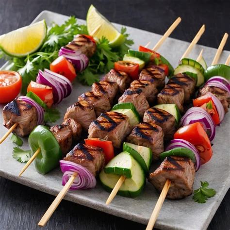 Premium Photo Grilled Pork Shish Kebab With Vegetables On Skewers
