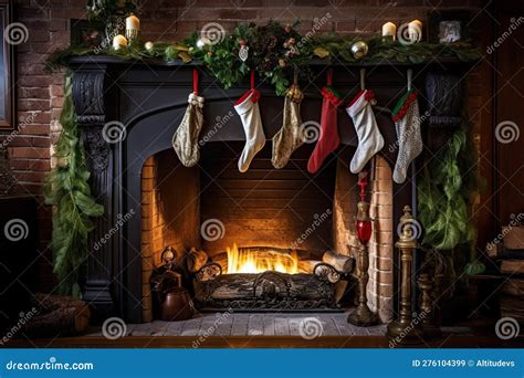 A Festive Fireplace With A Centerpiece Of Holly And Mistletoe