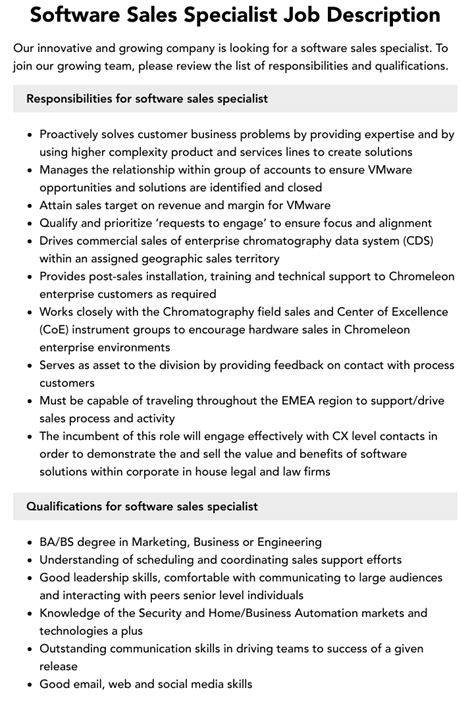 Software Sales Specialist Job Description Velvet Jobs