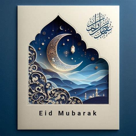 Premium Photo Eid Mubarak Greeting Card With A Crescent Moon And Star