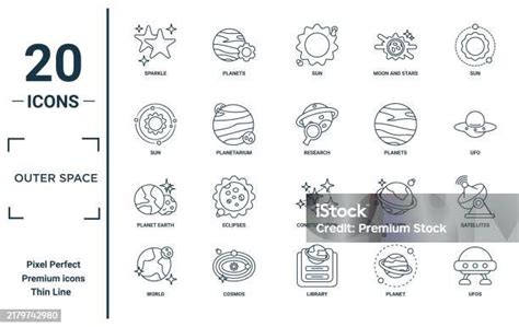 우주 공간 선형 아이콘 세트입니다 얇은 선 스파클 태양 행성 지구 세계 Ufo 연구 보고서 프리젠 테이션 다이어그램 웹 디자인에 대한 위성 아이콘을 포함합니다 0명에 대한