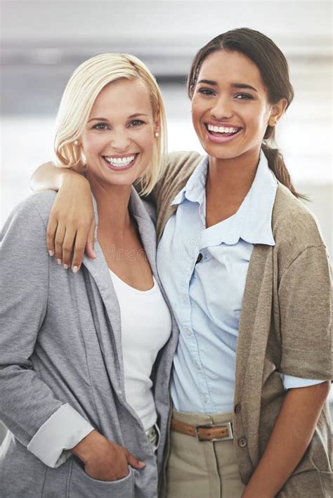 Portrait Woman And Coworker With Work In Hug Happiness And