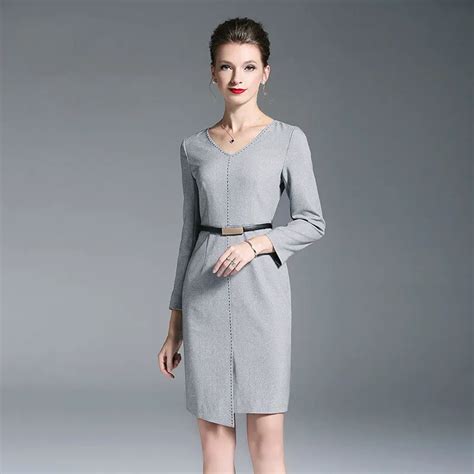 Plus Size Office Dress M Xxl 2018 Autumn New Women Long Sleeved V Neck