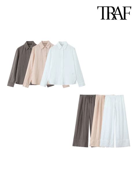 Traf Women Fashion Asymmetric Linen Shirts And Mid Elastic Waist With