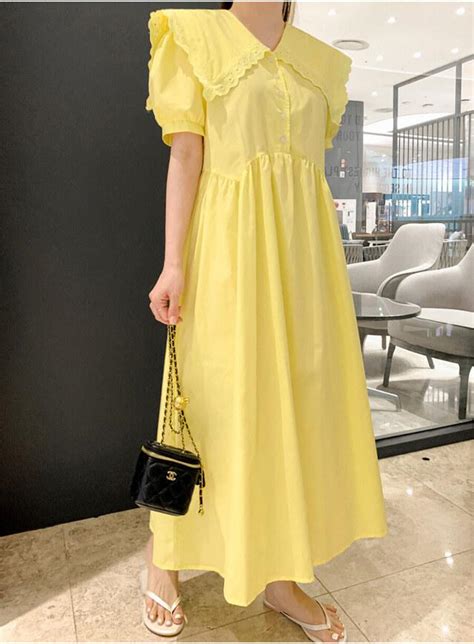 배드피치 여자 여름 반팔 빅카라 레이스 롱 셔링 면 원피스