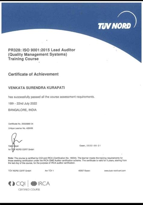 Venkata Surendra Kurapati Mrsc Uk Iso Irca Certified Lead Auditor