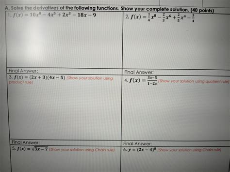 solved a solve the derivatives of the following functions show your