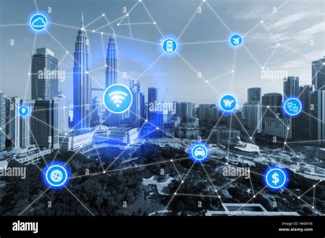 Smart City And Wireless Communication Network Business District With Office Building Abstract