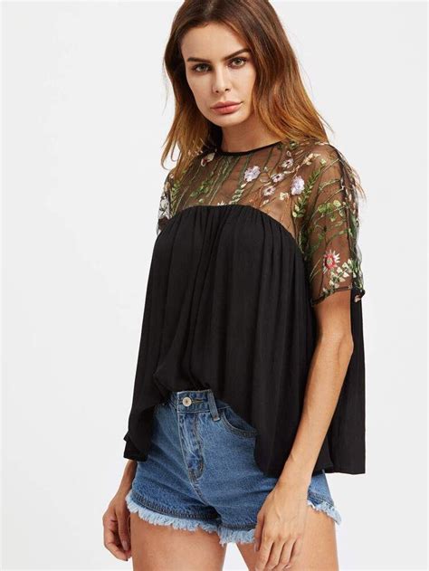 Shein Embroidered Mesh Shoulder Buttoned Keyhole Back Smock Top