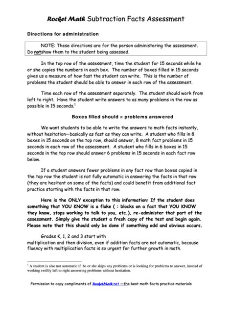 Rocket Math Subtraction Facts Assessment Printable Pdf Download