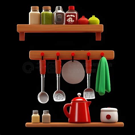 3dai数字艺术 3d卡通简约厨房置物架挂架原创元素卡通3d渲染厨房调料厨具架子摆放插画 Ai立体元素免费下载 Png格式 4096像素 编号71514091 千图网
