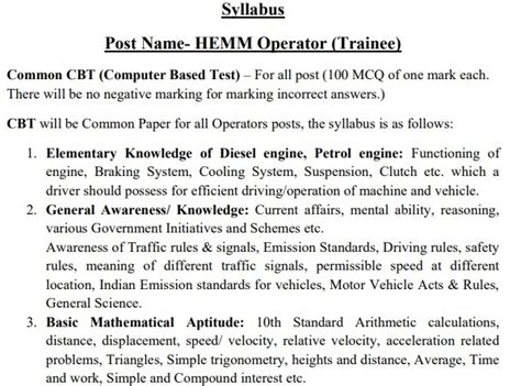 NCL Dumper Operator Syllabus 2023 HEMM Operator Exam Pattern