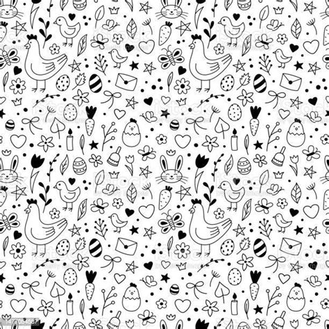 행복한 부활절 낙서 세트 벡터 귀여운 캐릭터와 디자인 요소 계란 토끼 토끼 닭 봄 꽃 0명에 대한 스톡 벡터 아트 및 기타