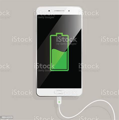 흰색 스마트 폰이 충전중입니다 케이블이 연결되었습니다 Usb 케이블에 대한 스톡 벡터 아트 및 기타 이미지 Usb 케이블