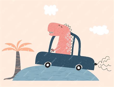 Dinossauro Fofo Dirigindo Um Carro Vetor Premium