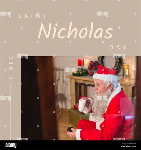 Composition Of Saint Nicholas Day Text Over Santa Claus Having Drink
