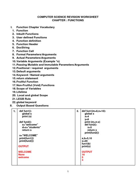 Functions Revision Worksheet Ak Pdf Parameter Computer