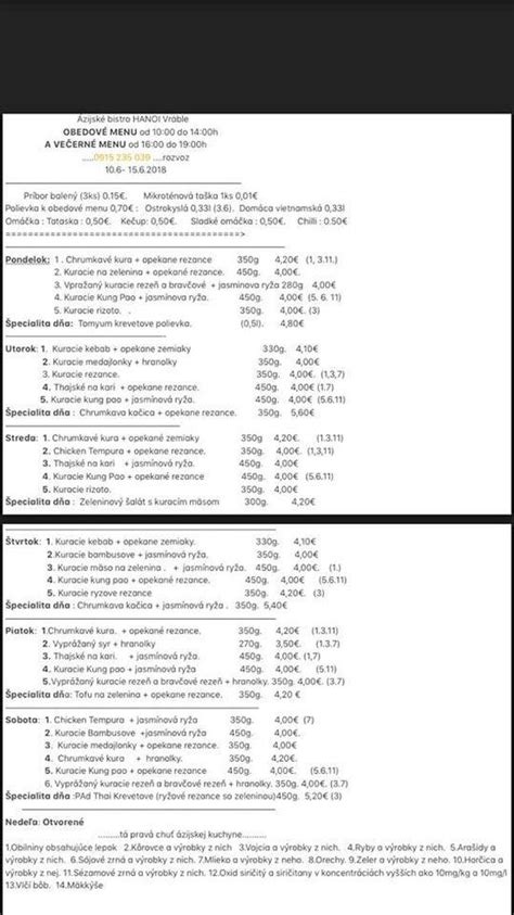 Menu At Hanoi Restaurant Vráble