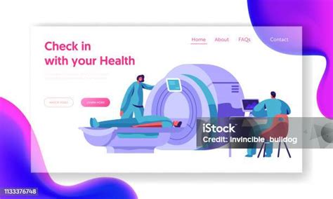 환자 뇌 스캔 랜딩 페이지를 위한 병원 Mri 기계 컴퓨터 단층 촬영 스캐너 진단 개념 웹 사이트 또는 웹 페이지와 의사 연구 남자 문자 건강 편평한 만화 벡터 일러스트