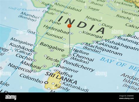Close Up To A Madras City With An Orange Pin Needle Into India Country