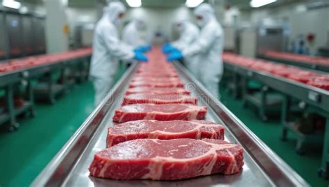 Modern Beef Processing Plant Features Rows Of Fresh Red Meat Steaks