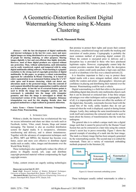 Pdf A Geometric Distortion Resilient Digital Watermarking Scheme Using K Means Clustering