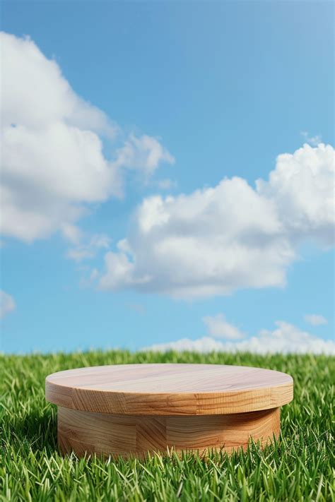 Деревянный подиум на фоне зеленой травы и неба Фон для презентации товара Нейросеть в 2025 г