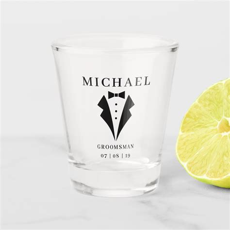 Wedding Groomsman Personalized Name And Date Tuxedo Shot Glass Zazzle