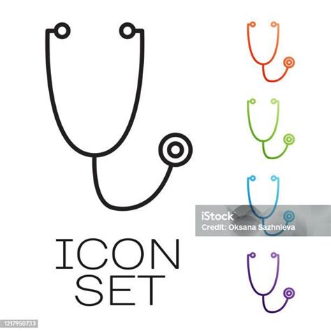 흰색 배경에 격리 된 검은 선 청진기 의료 기기 아이콘입니다 다채로운 아이콘을 설정합니다 벡터 일러스트레이션 건강관리와 의술에 대한 스톡 벡터 아트 및 기타 이미지 Istock