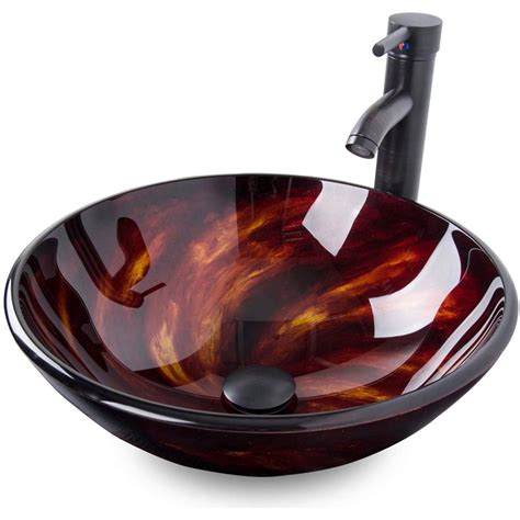 Elecwish Tempered Glass Vessel Bathroom Vanity Sink Round Washing Bowl