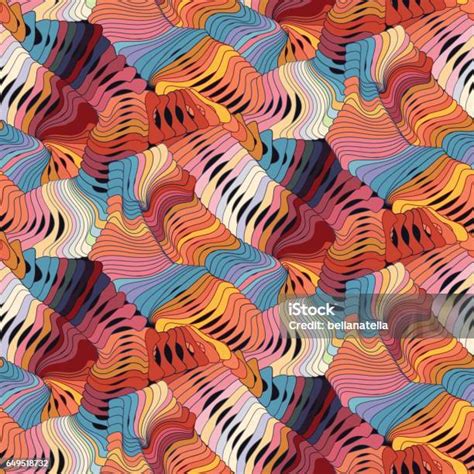 Abstract Colorful Vector Seamless Moire Pattern With Waving Circle Lines Rainbow Ornament In 70s