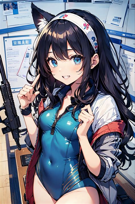 손에 총을 들고 머리에 고양이 귀를 얹은 애니메이션 소녀 Seaart Ai 손에 총을 들고 머리에 고양이 귀를 얹은 애니메이션 소녀 Seaart Ai