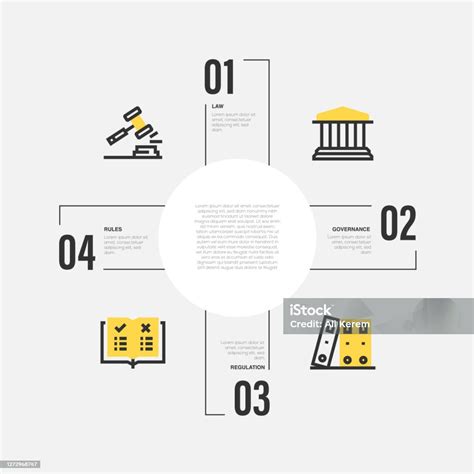인포그래픽 디자인 템플릿입니다 법률 거버넌스 규제 4 가지 옵션 또는 단계가있는 아이콘을 규칙합니다 0명에 대한 스톡 벡터 아트