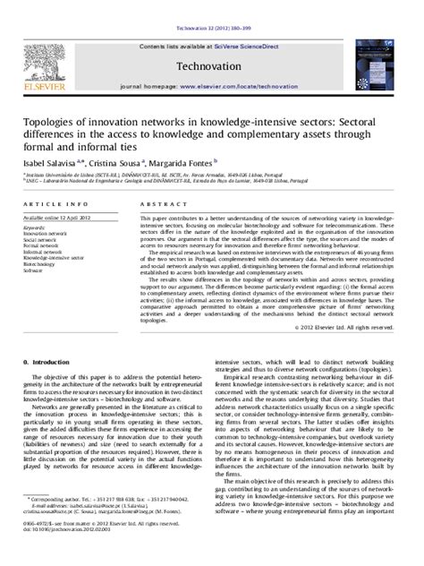 Pdf Topologies Of Innovation Networks In Knowledge Intensive Sectors